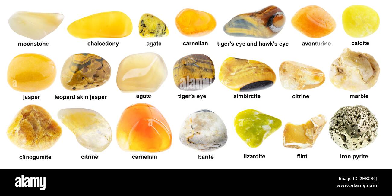 set of various polished yellow stones with names cutout on white ...