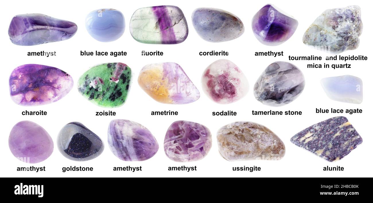 set of various tumbled violet stones with names cutout on white ...