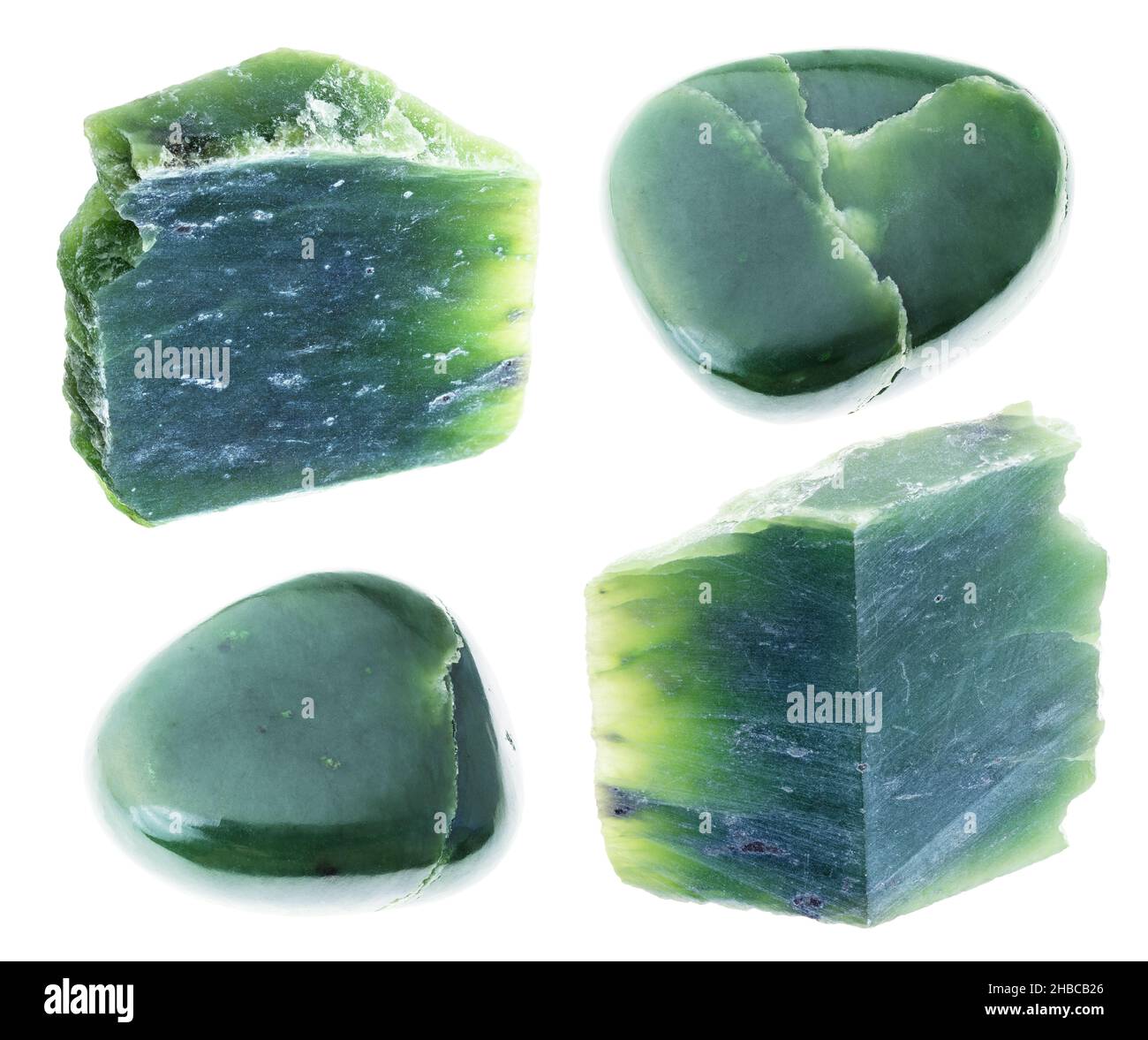 set of green nephrite stones cutout on white background Stock Photo - Alamy
