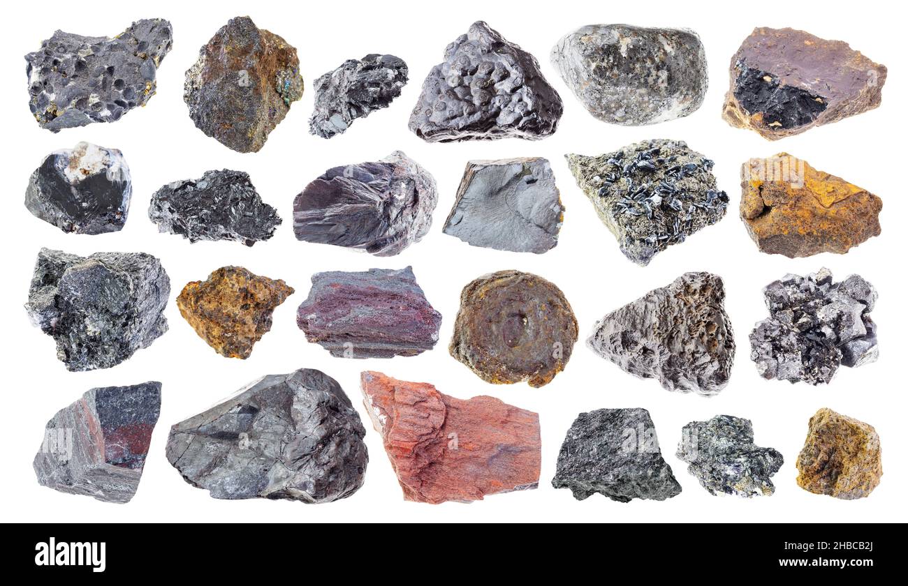 set of various iron ore stones cutout on white background Stock Photo ...