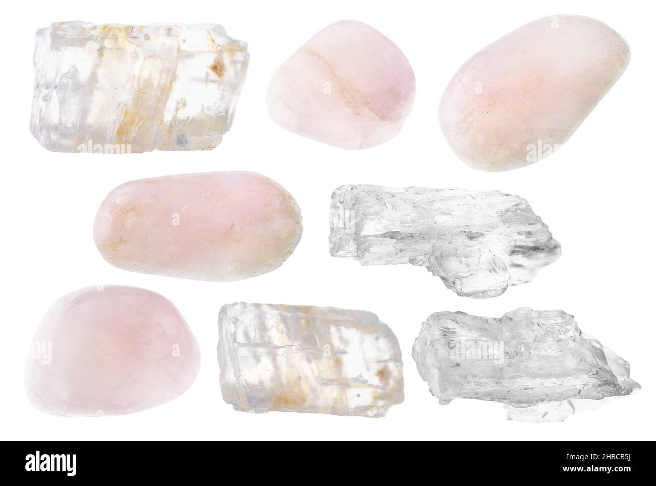 set of various petalite (castorite) stones cutout on white background ...