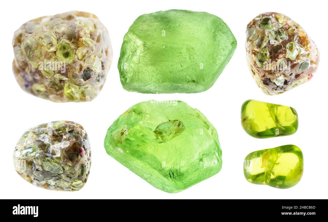 set of various Peridot stones cutout on white background Stock Photo ...