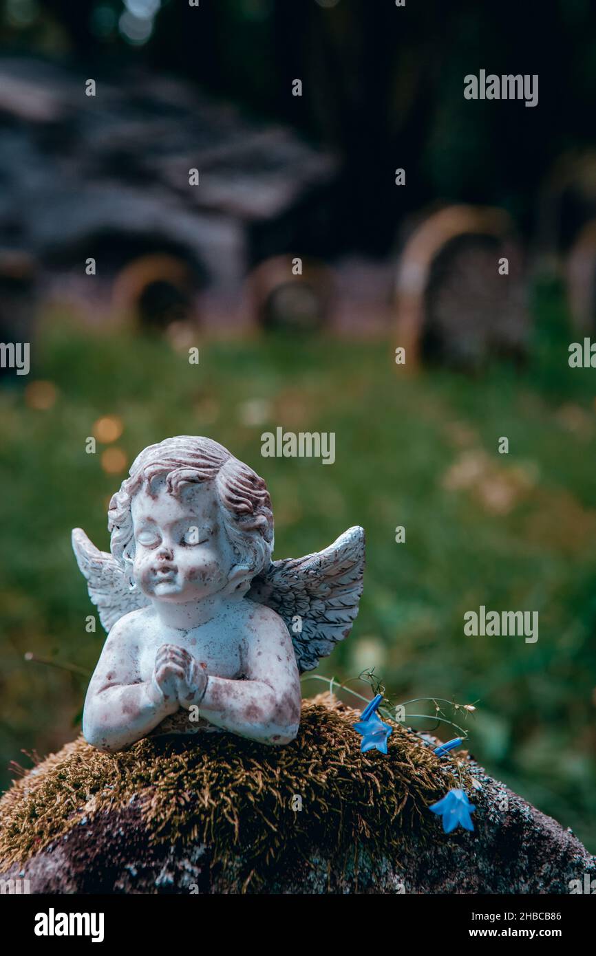 small stone angel on tombstone at cemetery Stock Photo - Alamy