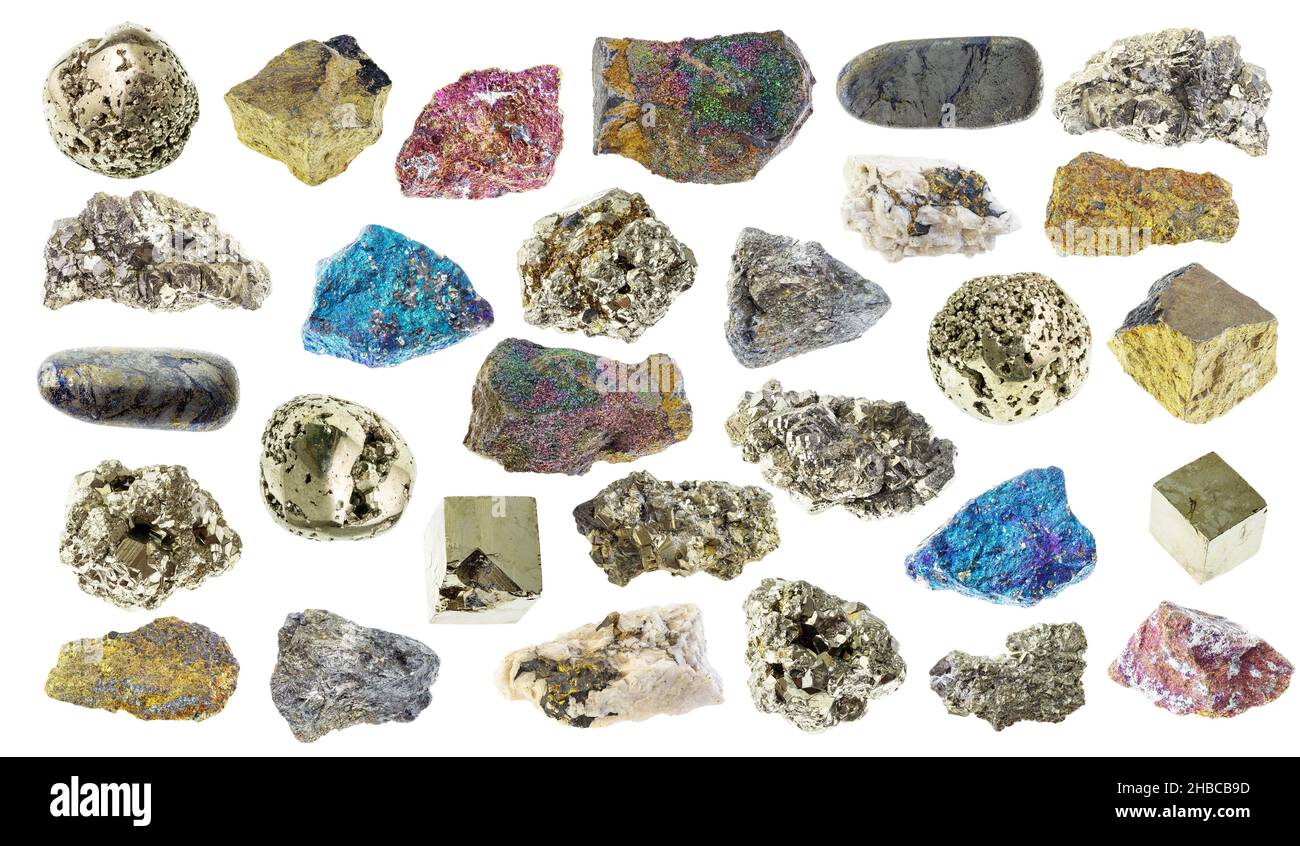 set of various pyrite stones cutout on white background Stock Photo - Alamy