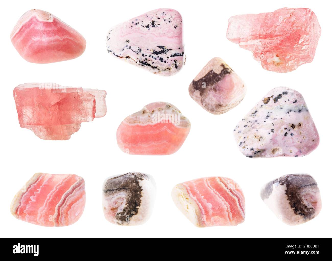 set of various rhodochrosite stone cutout on white background Stock ...