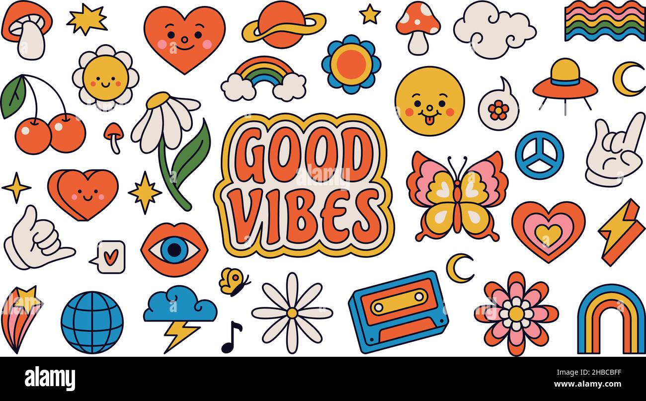Retro 70s groovy elements, cute funky hippy stickers. Cartoon daisy flowers, mushrooms, peace ...
