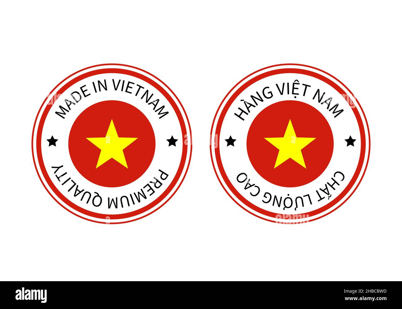 Made in Vietnam round labels in English and in Vietnamese languages ...