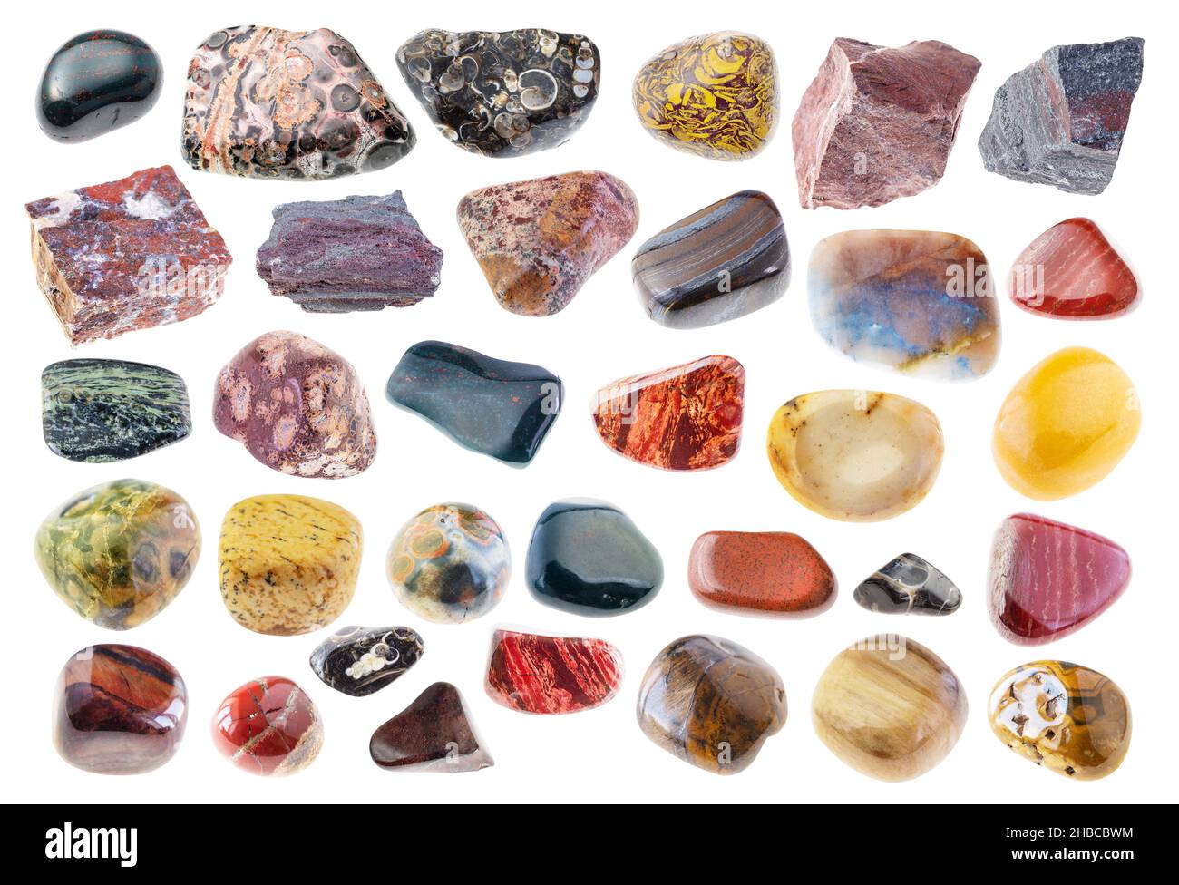 set of various jasper rocks cutout on white background Stock Photo - Alamy