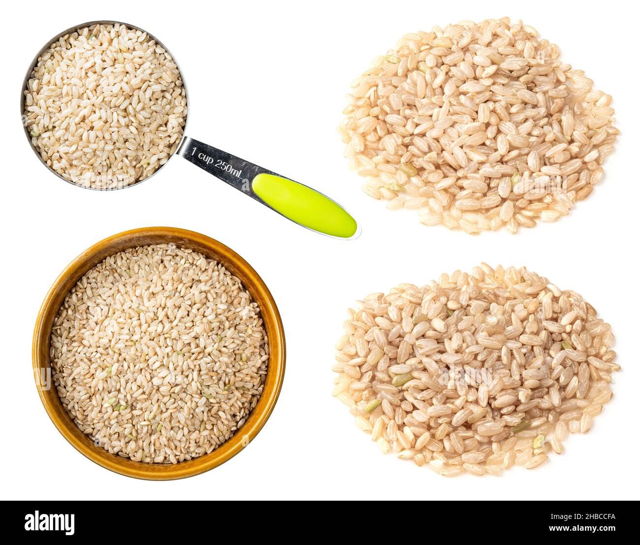 set of partly polished medium-grain brown rice cutout on white ...