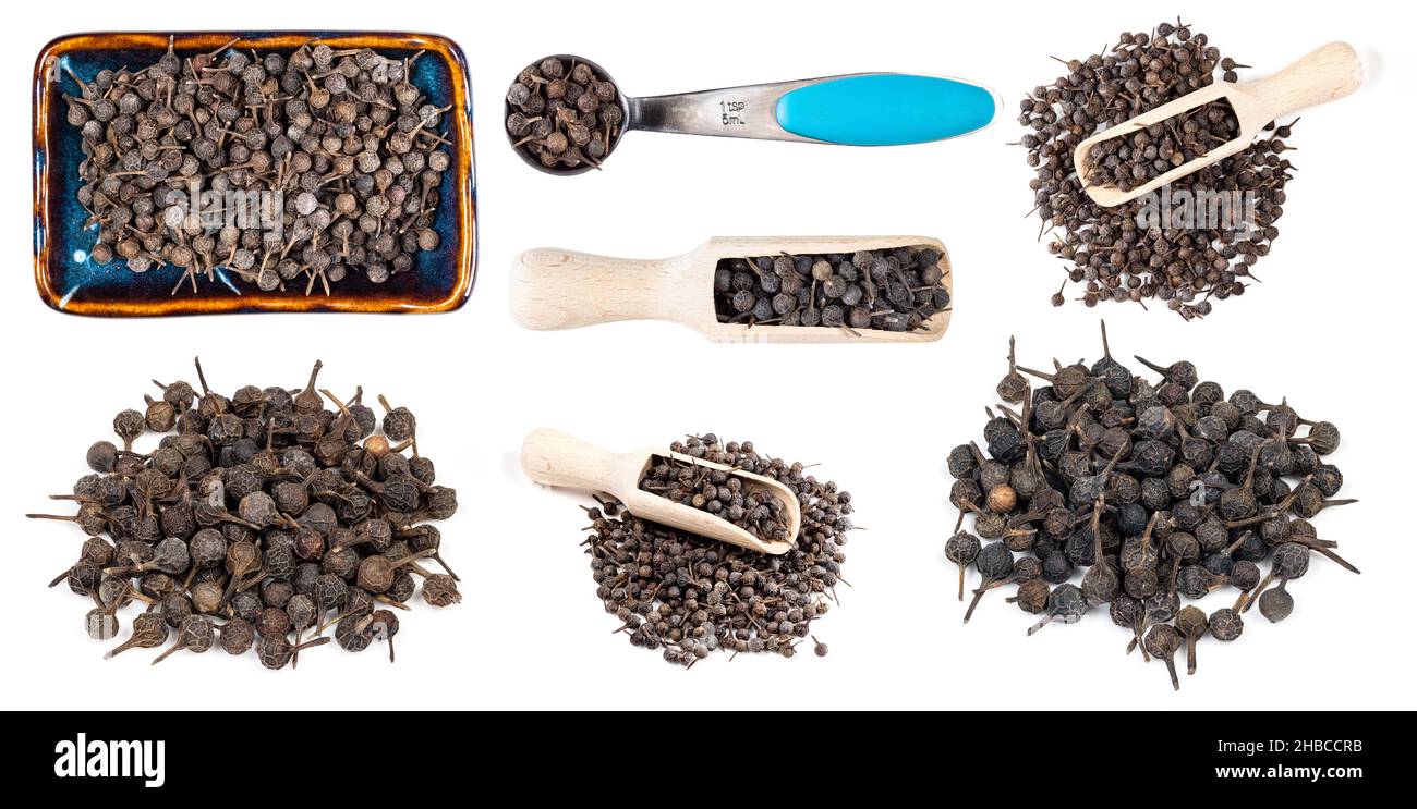 set of various cubeb pepper cutout on white background Stock Photo - Alamy