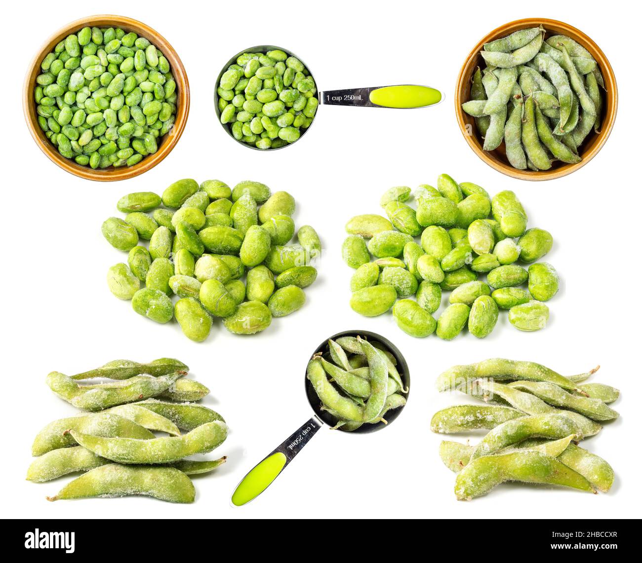 set of various frozen Edamame soybeans cutout on white background Stock ...