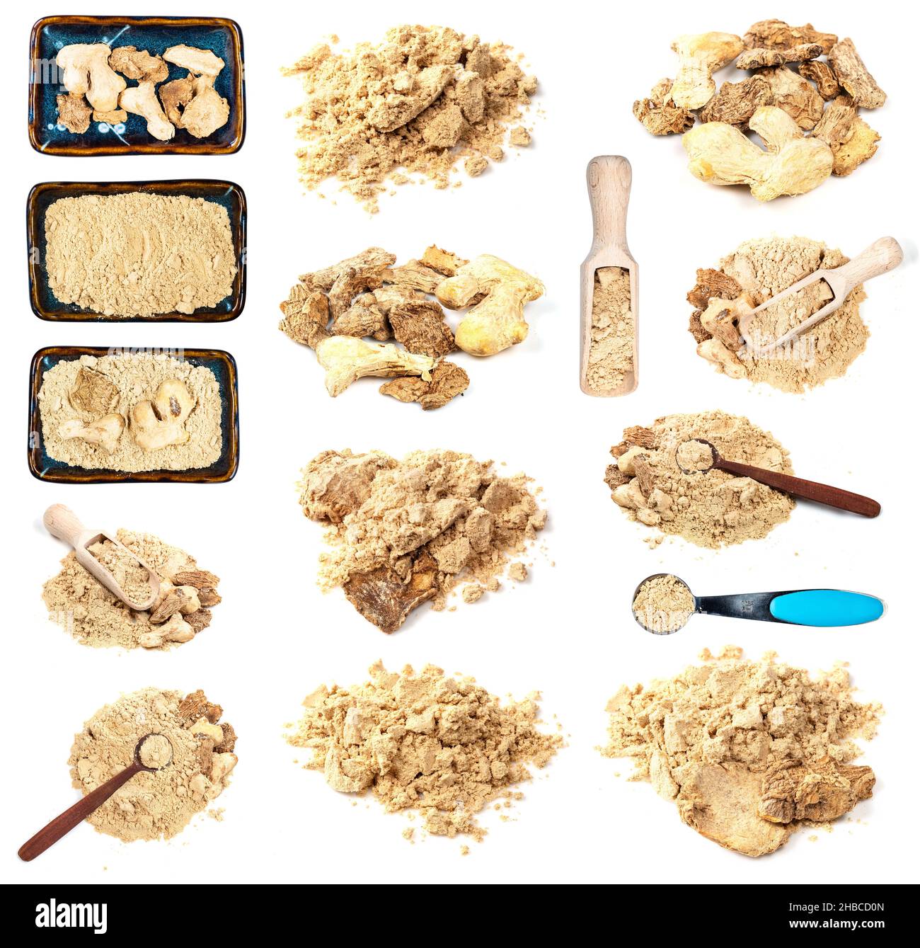 set of various dried ginger roots and powder cutout on white background ...
