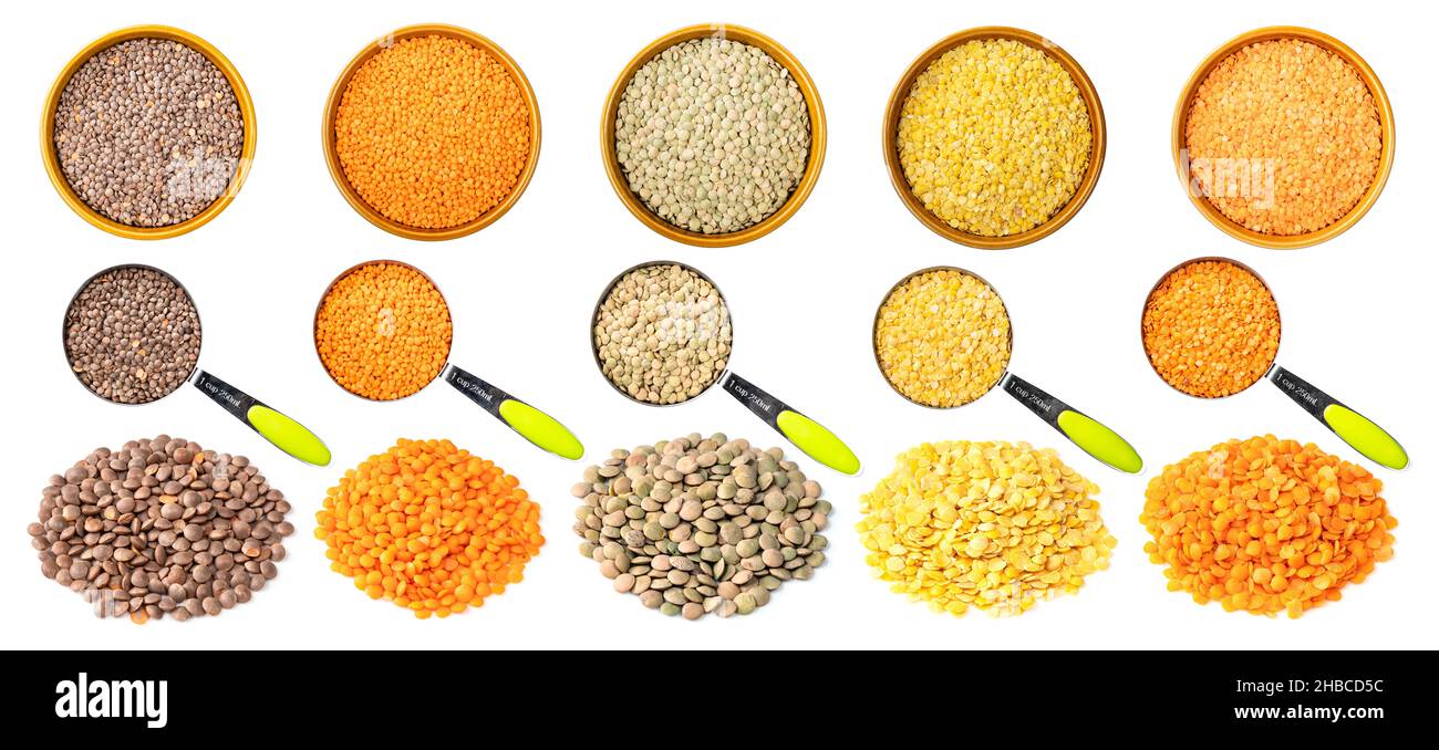 set of various lentils cutout on white background Stock Photo - Alamy