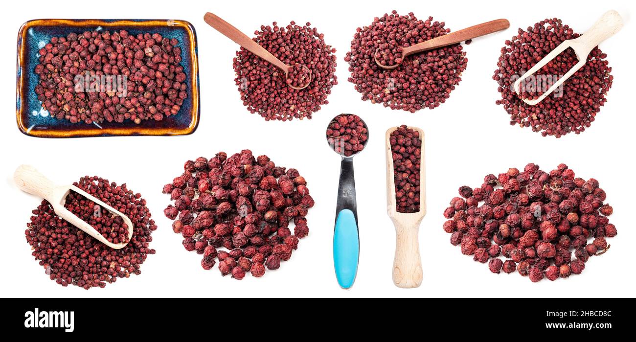 set of various Schisandra Chinensis seeds cutout on white background ...