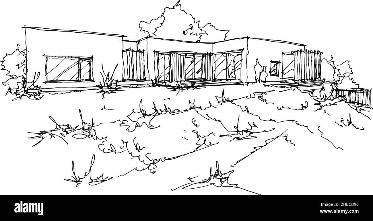 hand drawn architectural sketches of modern one story detached house ...