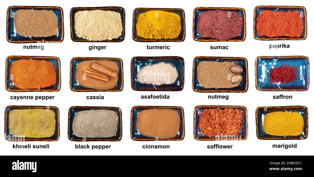 set of various ground spices in bowls with names cutout on white ...