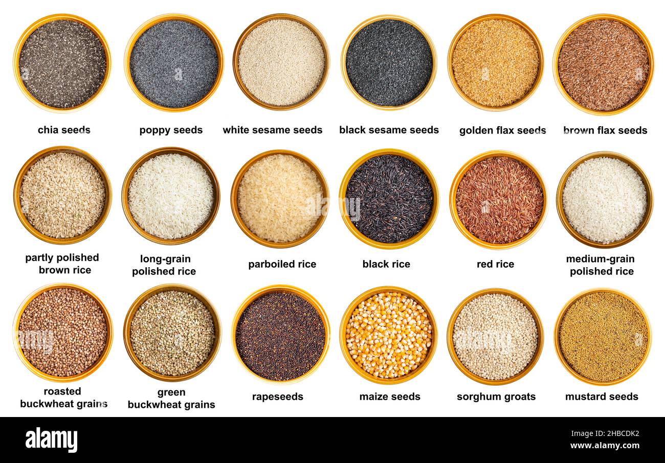 set of various seeds and grains in bowls with names cutout on white ...