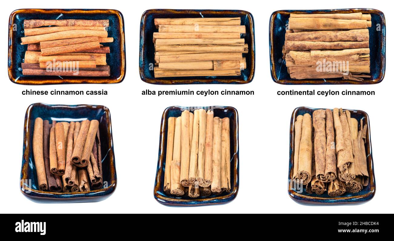 set of various cinnamon in bowls with names cutout on white backgrownd ...