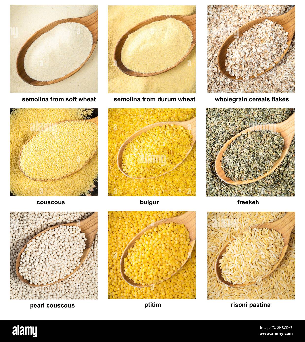 set of various wheat groats in wood spoons closeup with names on white ...