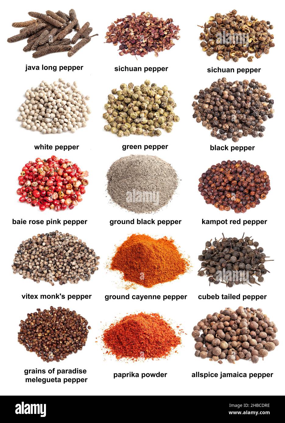 set of piles of variuos whole and ground peppers with names cutout on ...