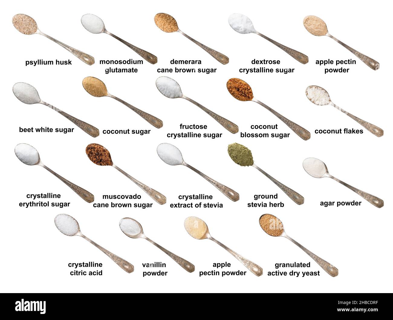 set of silver teaspoon with various cooking ingredients cutout on white ...