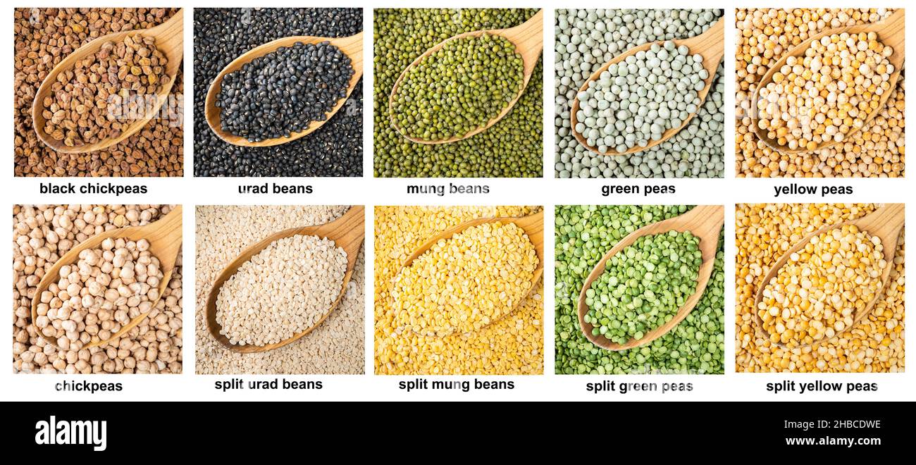 set of various peas in wood spoons closeup with names on white ...