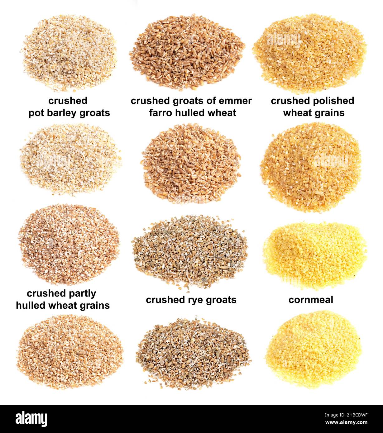 set of piles of variuos groats with names cutout on white background ...