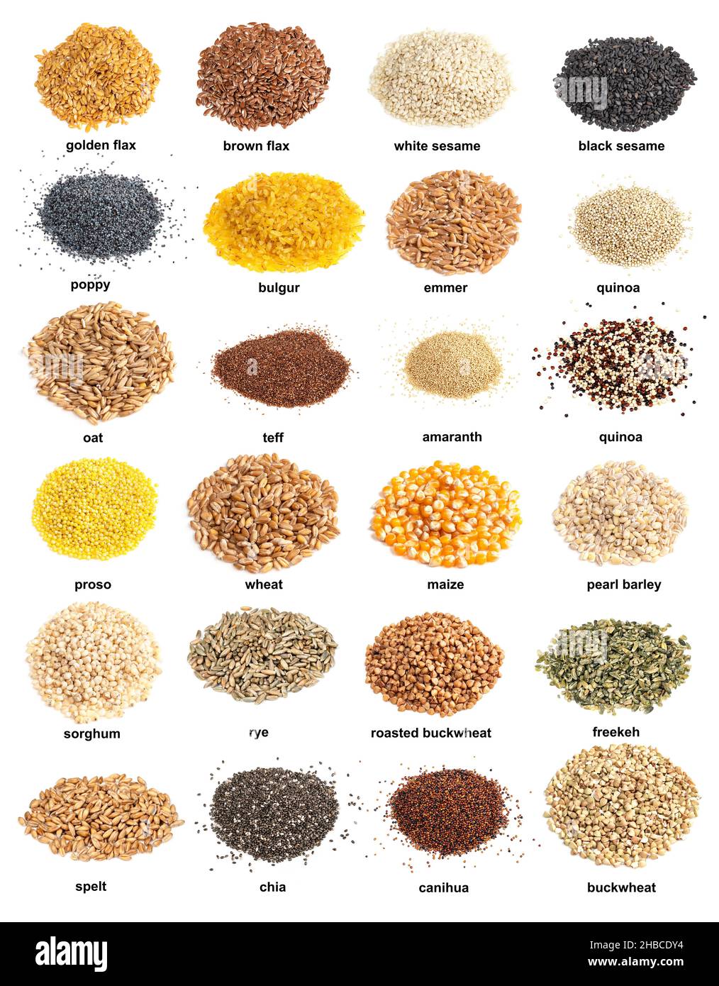 set of piles of variuos wholegrain grains with names cutout on white ...