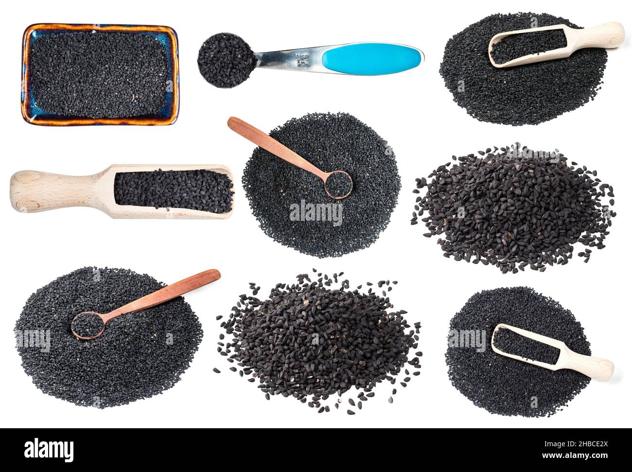 set of Nigella sativa seeds (black caraway) cutout on white background ...