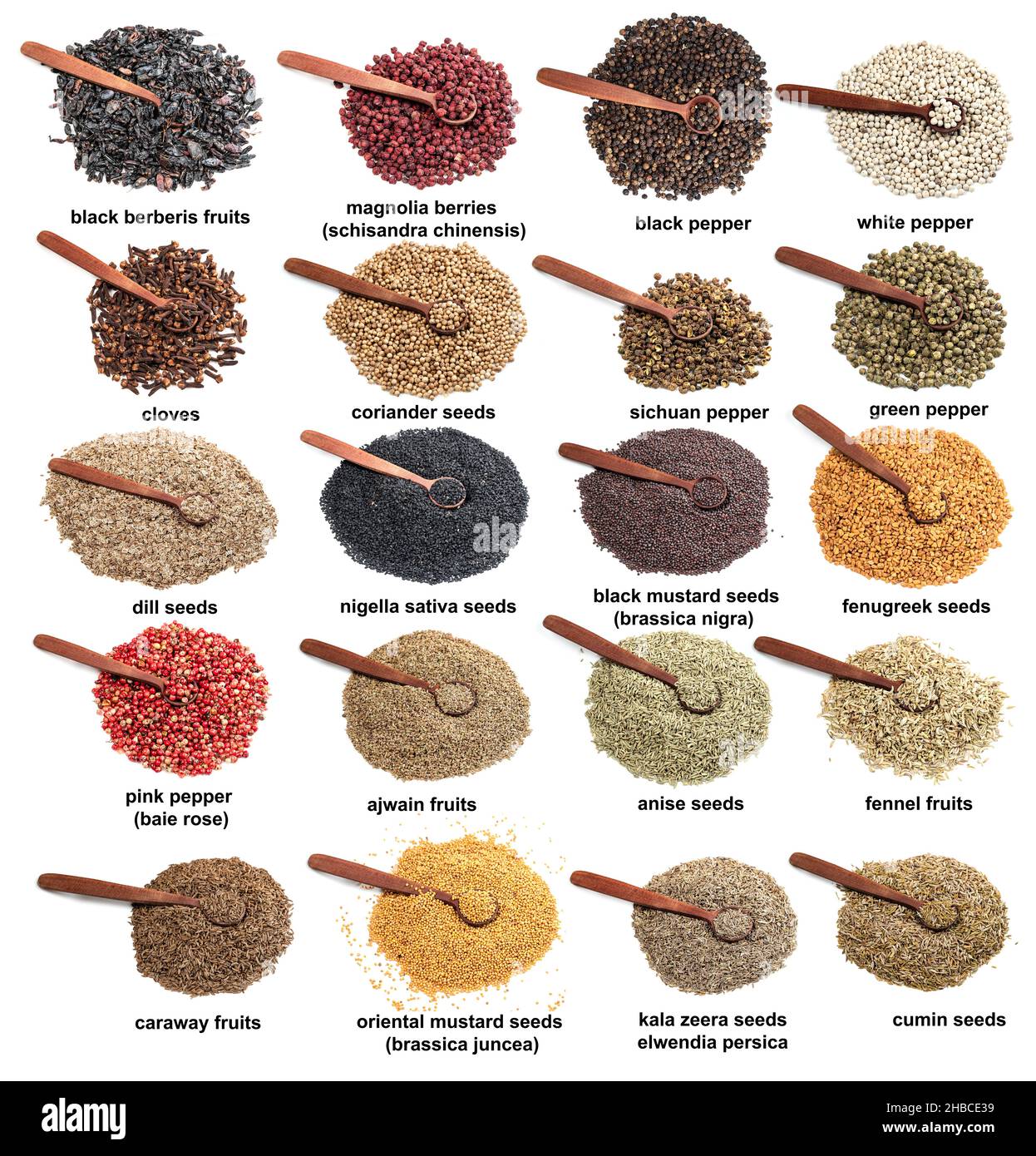 set of piles of spicy seeds with spoons with names cutout on white ...