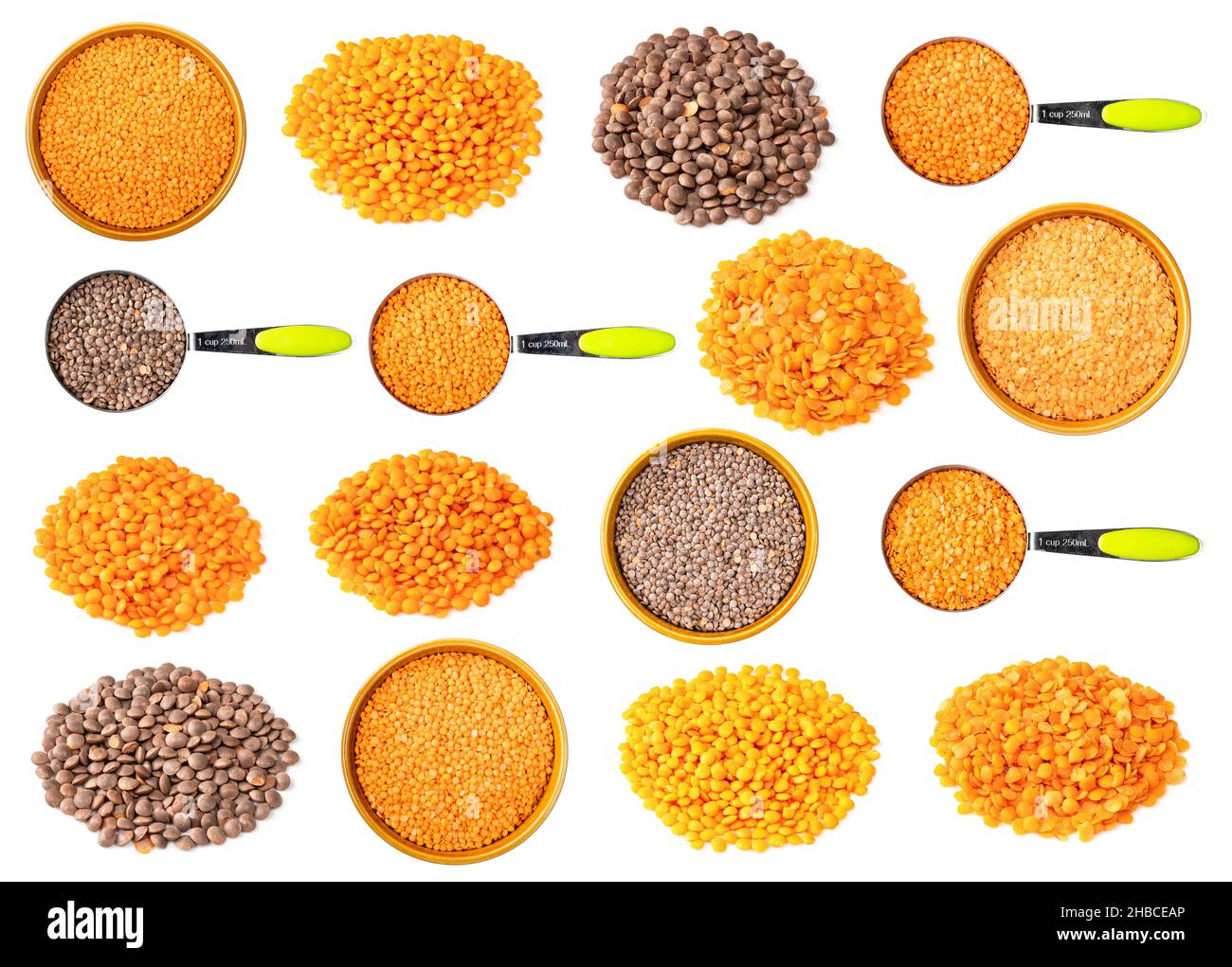 set of various red lentils cutout on white background Stock Photo - Alamy