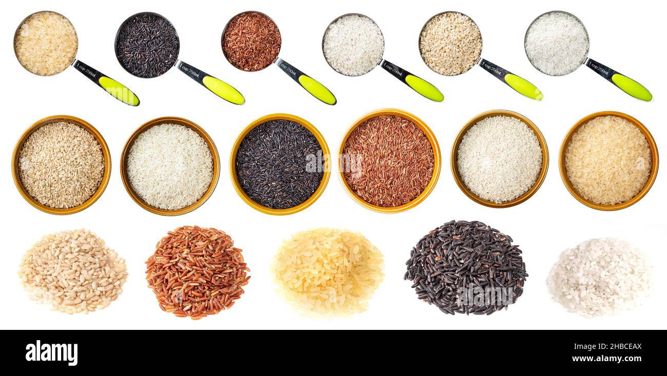 set of various rice grains cutout on white background Stock Photo - Alamy