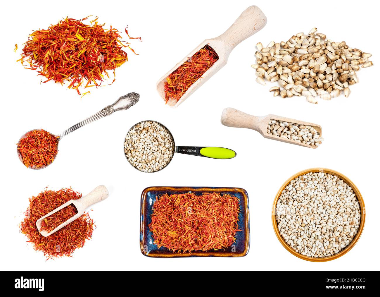 set of Safflower seeds and petals cutout on white background Stock ...