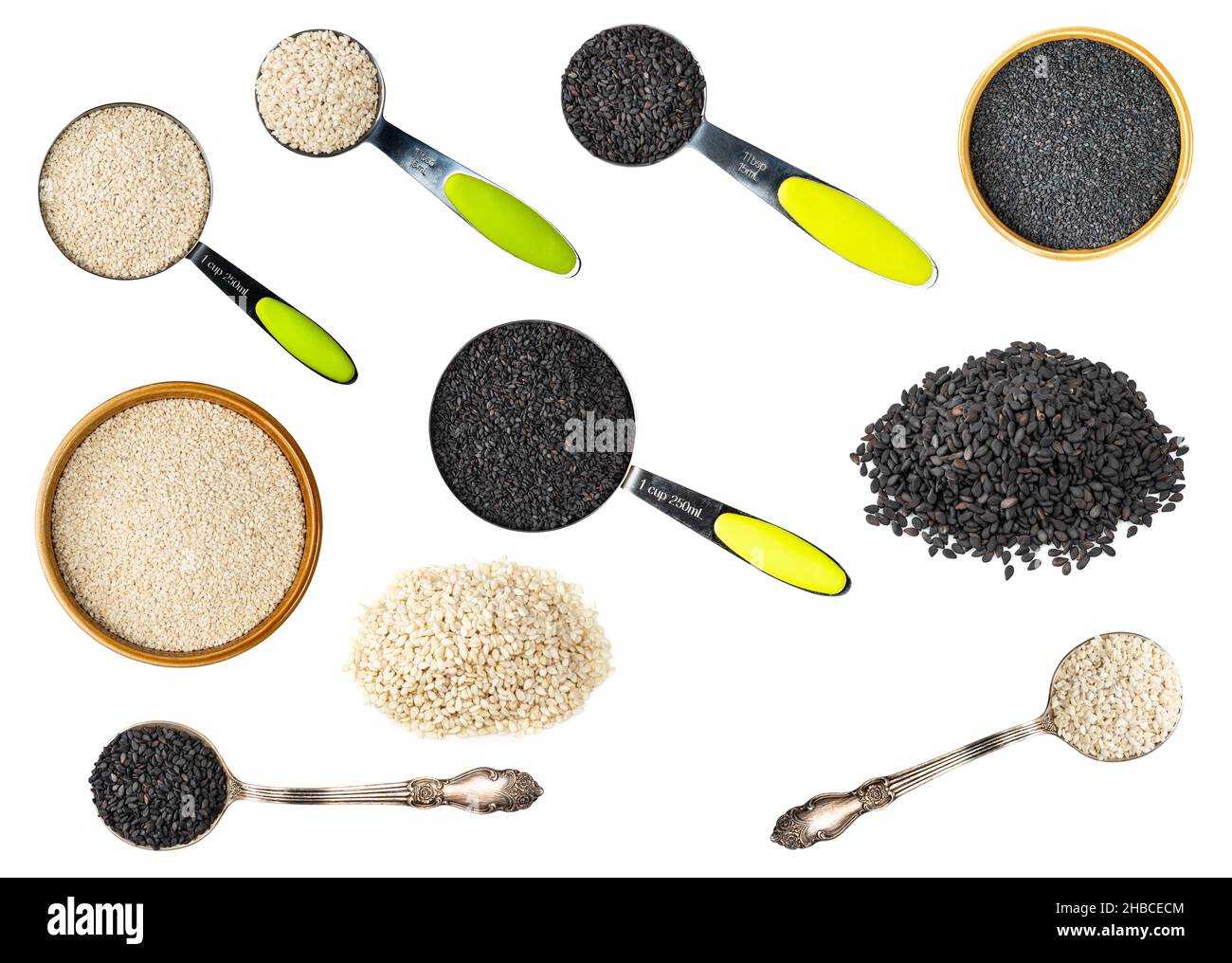 set of various sesame seeds cutout on white background Stock Photo - Alamy