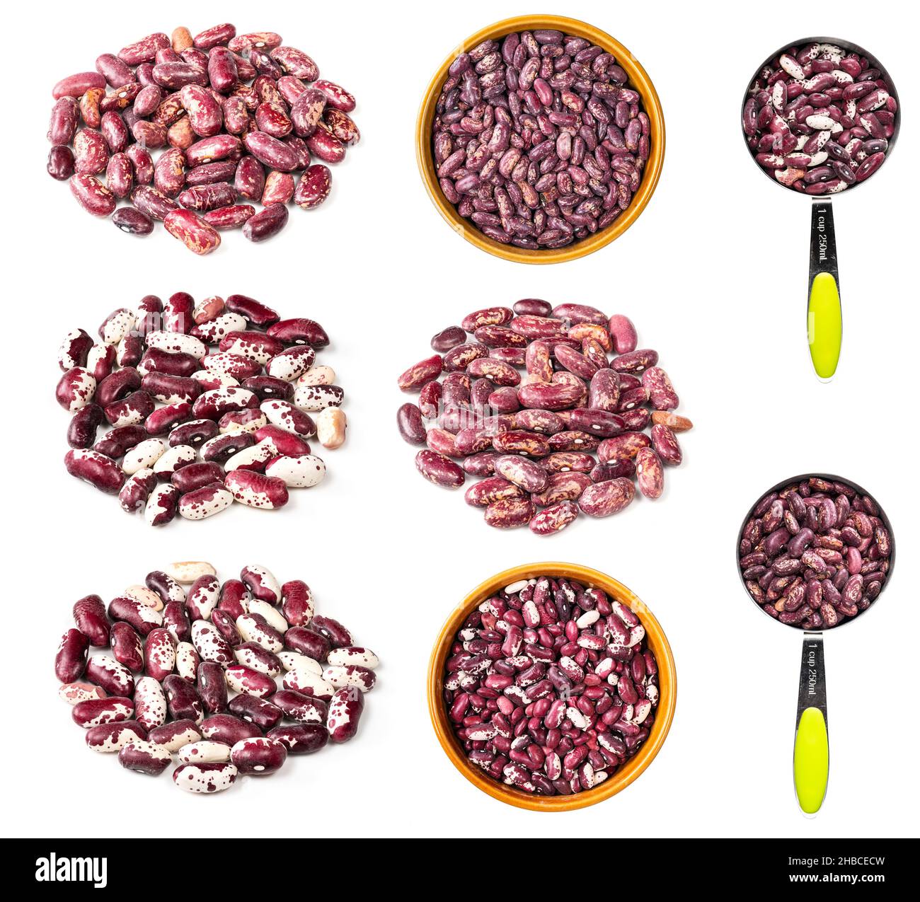 set of various red speckled beans cutout on white background Stock ...