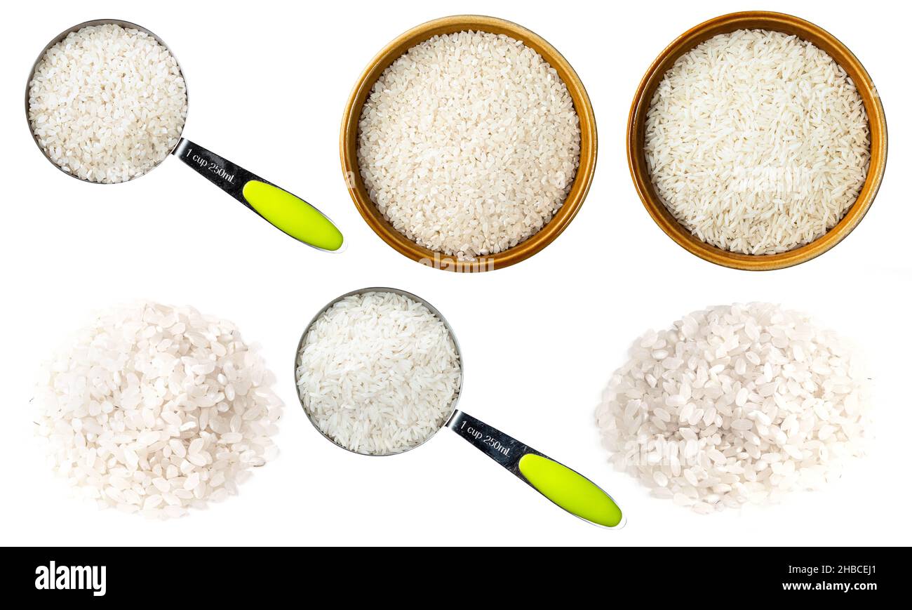 set of white polished rice cutout on white background Stock Photo - Alamy