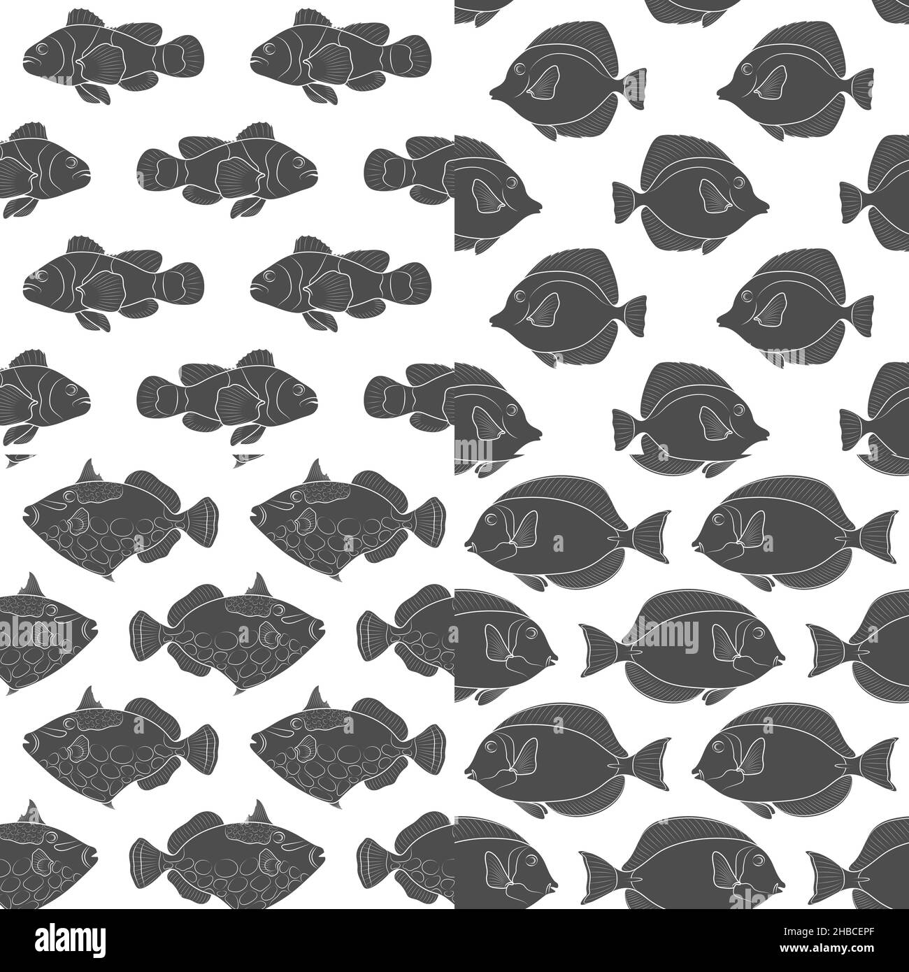 Set of seamless patterns with the image of tropical fish. Black and ...