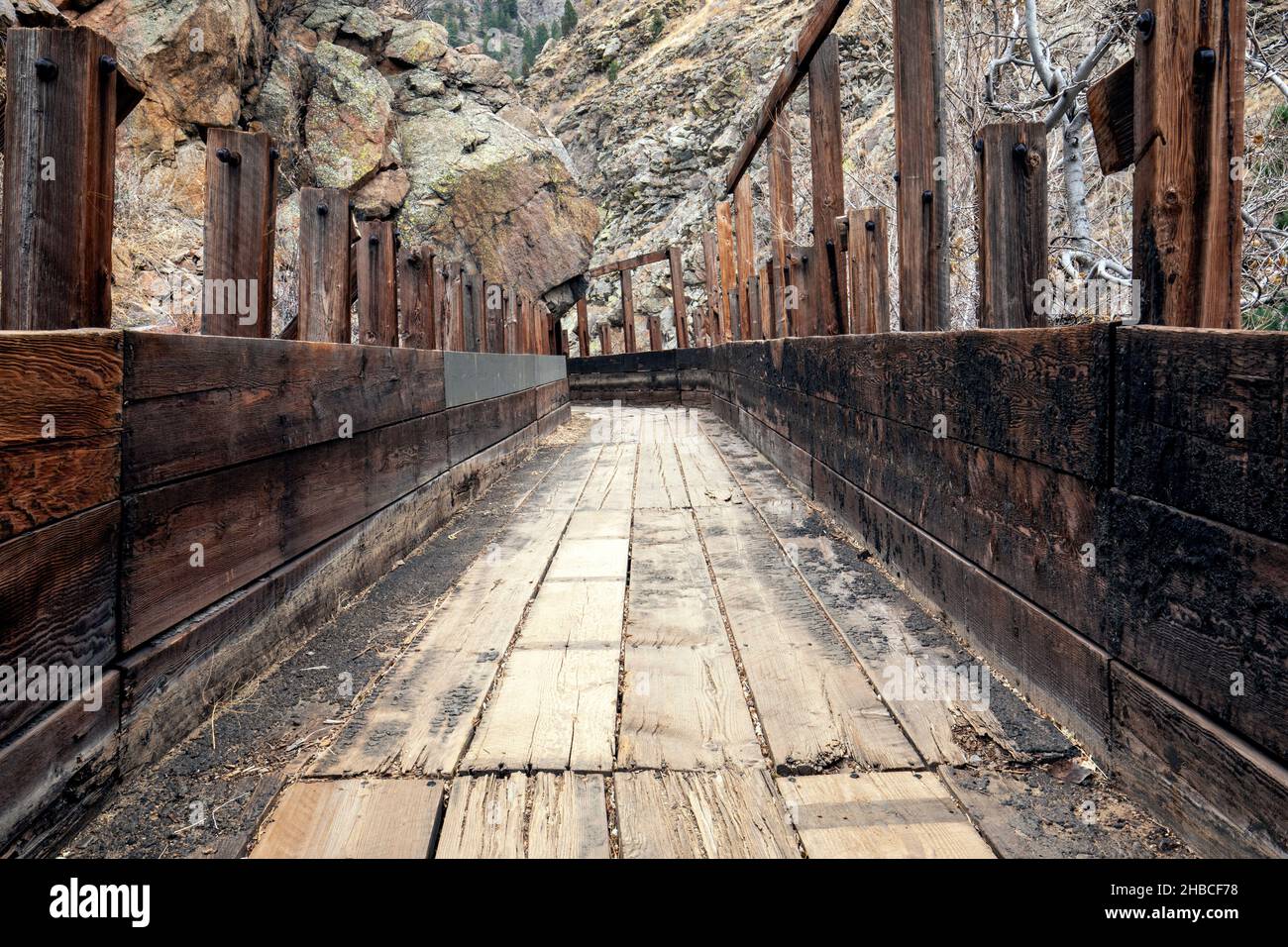 Old wooden flume on Welch Ditch Trail in Clear Creek Canyon. Part of ...