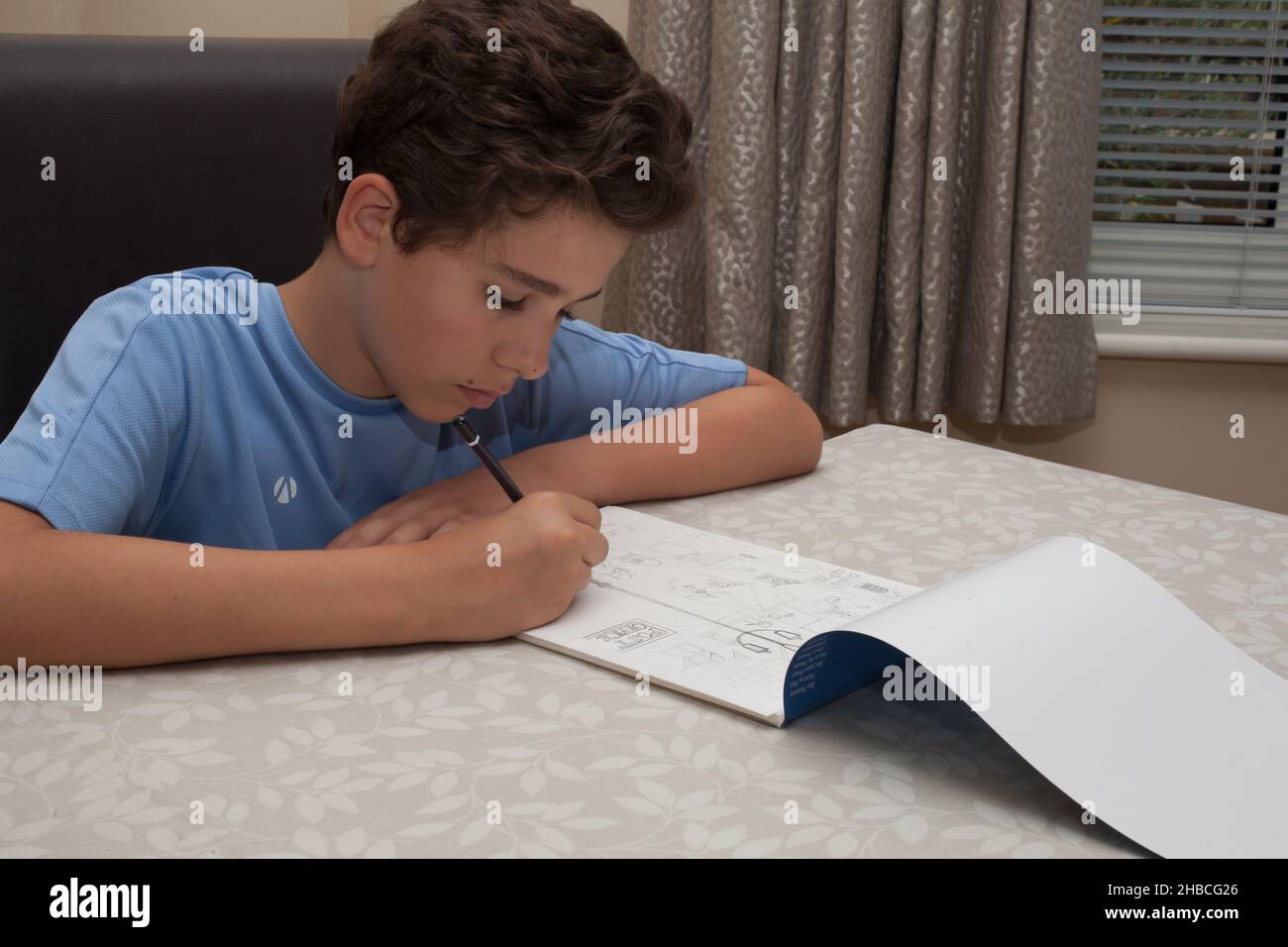 A British teenage boy drawing a picture of a seaside town, taken 13th ...