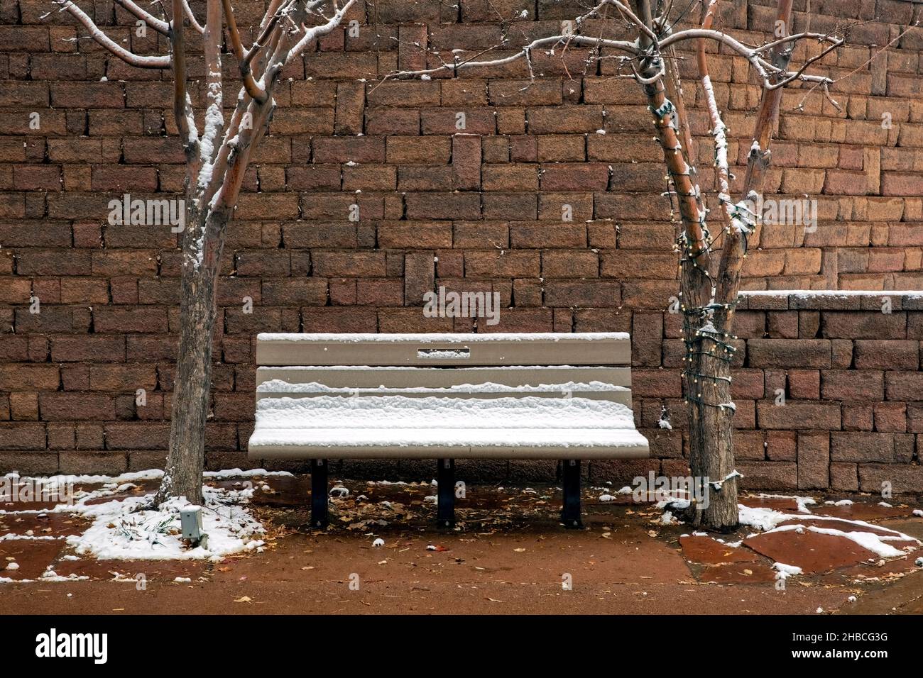 Snow-covered park bench on Clear Creek Trail - Golden, Colorado, USA ...