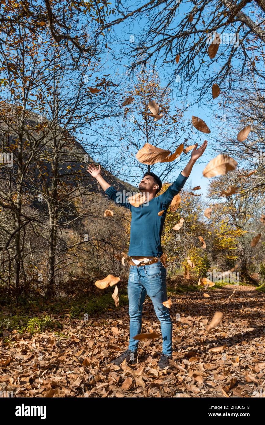 young man plays with yellow leaves falling down. vertical composition ...