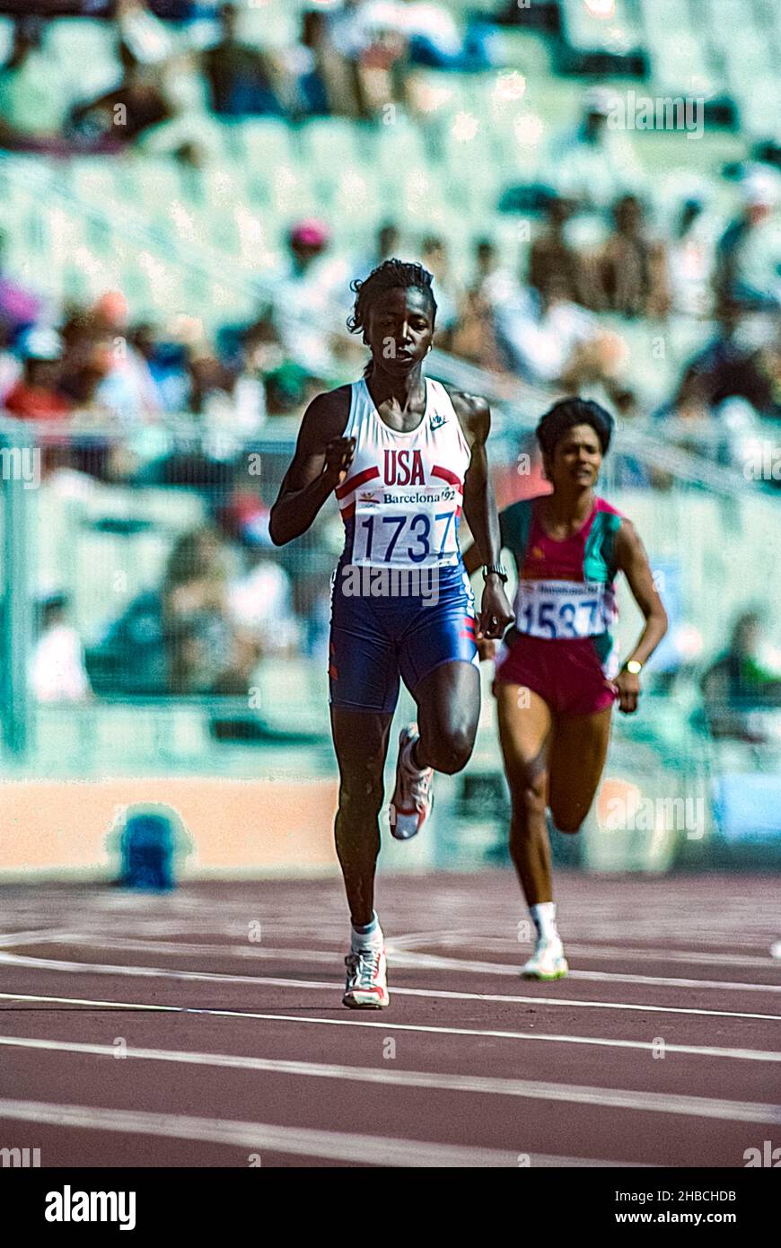 Jearl Miles (USA) competing in the women's 400m R1 at the 1992 Olympic ...