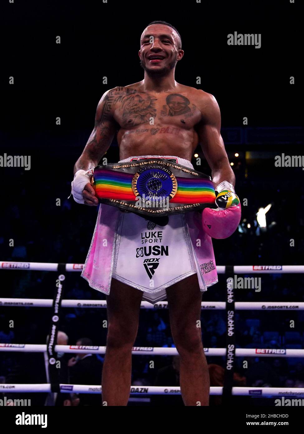 Zelfa Barrett celebrates victory against Bruno Tarimo after the IBF ...