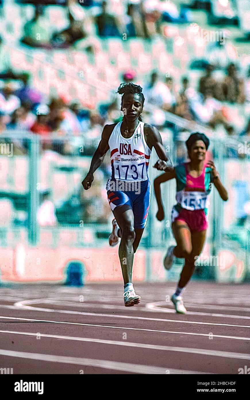 Jearl Miles (USA) competing in the women's 400m R1 at the 1992 Olympic ...