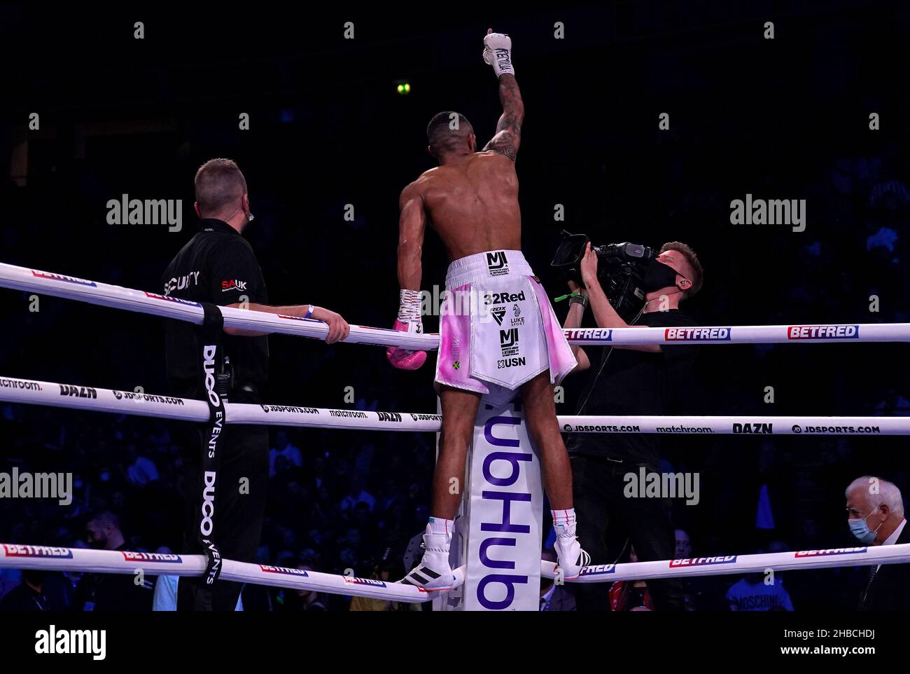 Zelfa Barrett celebrates victory against Bruno Tarimo after the IBF ...