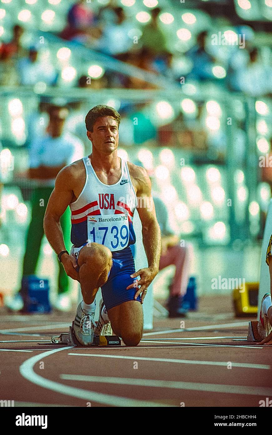 Rob Muzzio (USA) at the start of the Decathlon 100m at the 1992 Olympic ...
