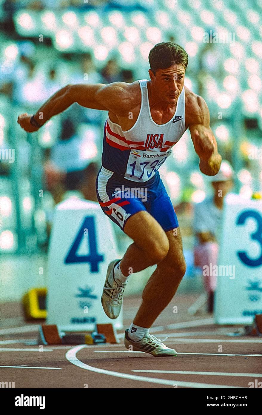 Rob Muzzio (USA) at the start of the Decathlon 100m at the 1992 Olympic ...