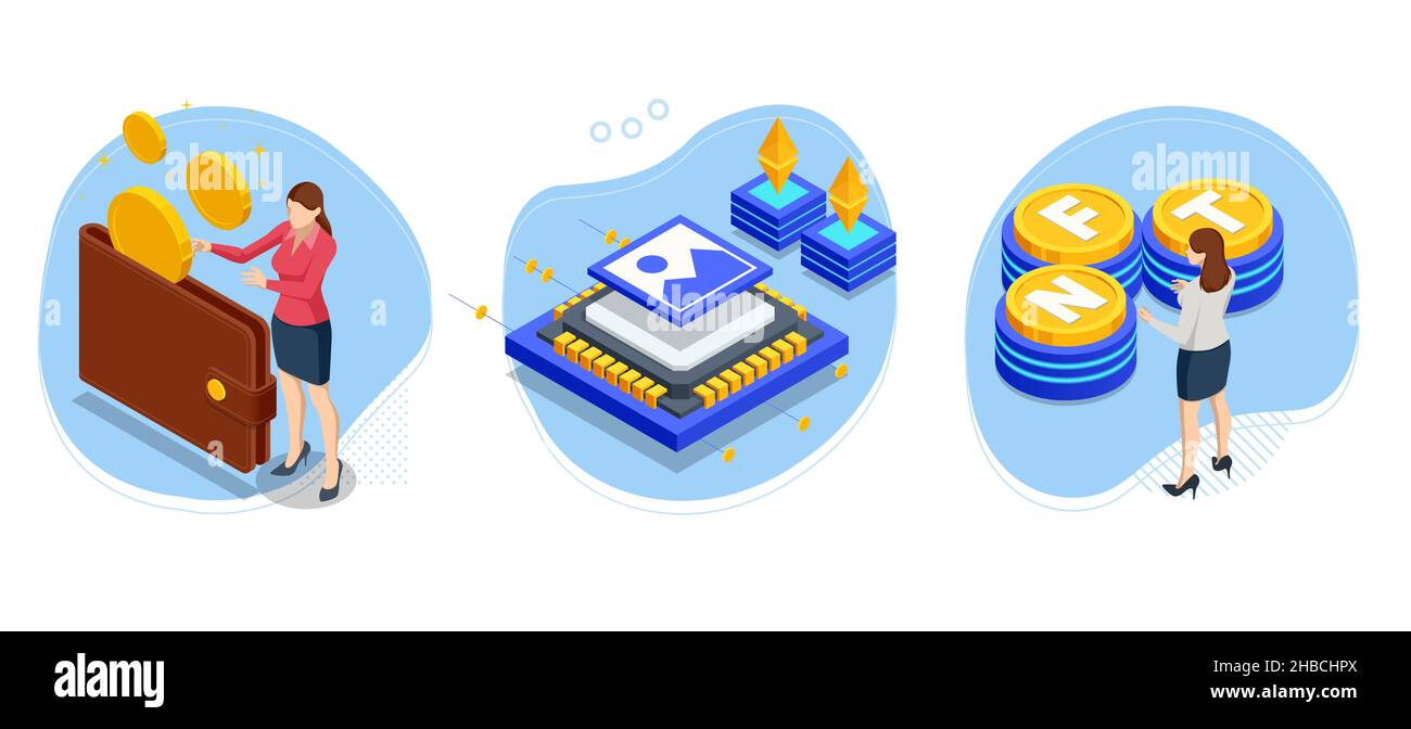 Isometric NFT Non-Fungible Token. Virtual art and galleries using ...