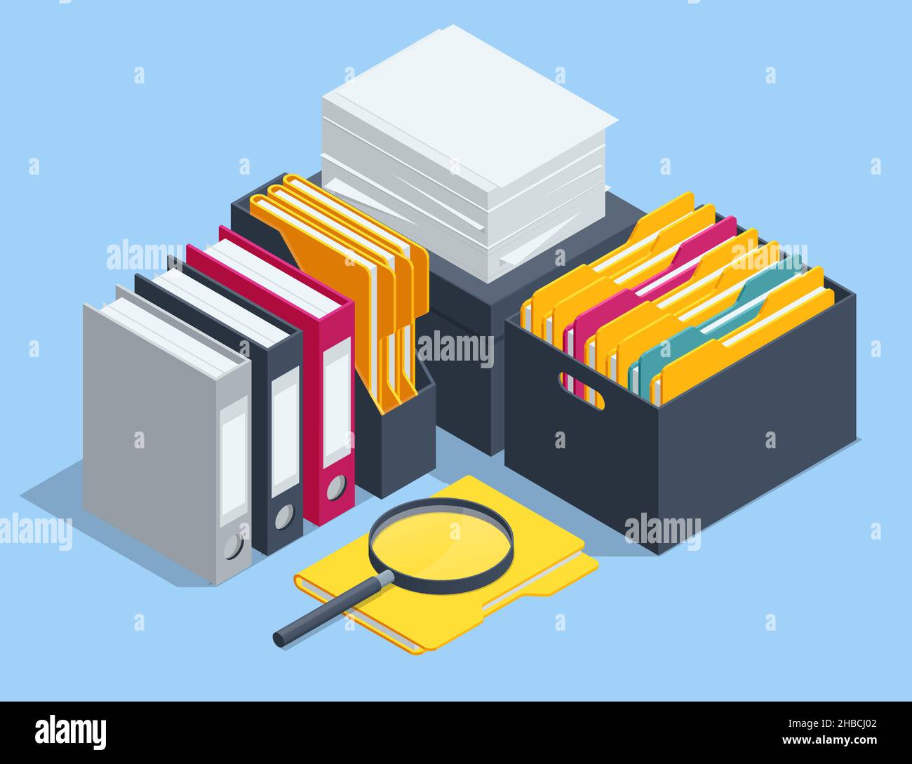 Marketing data analysis. Isometric office document folders. Routine ...