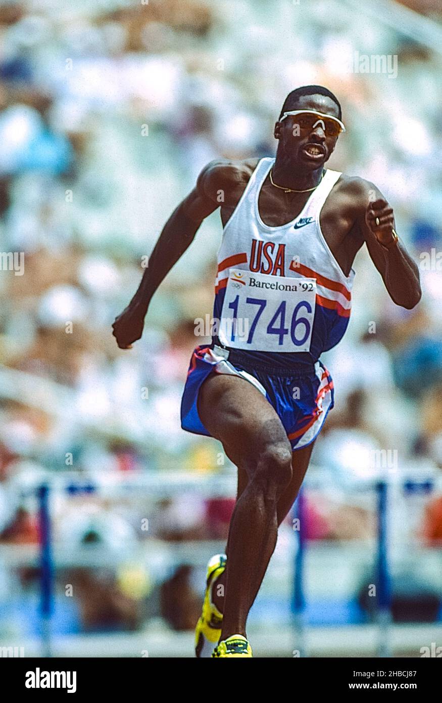 David Patrick (USA) competing in the men's 400m hurdles R1 at the 1992 Olympic Summer Games ...